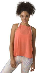 prana women's epiquator tank, hyper coral, large