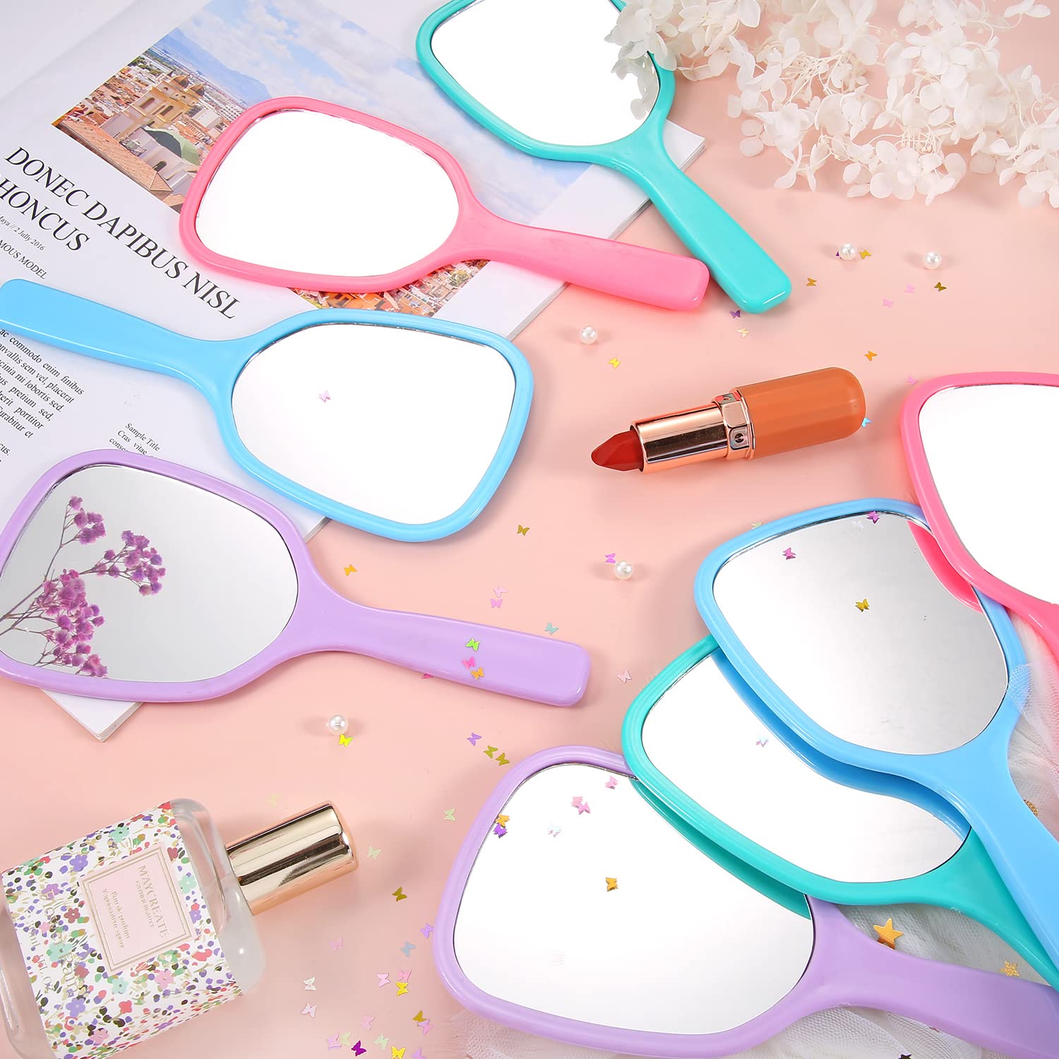 Small Handheld Hand Mirror Compact Travel Makeup Mirror Handheld Cosmetic Mirror with Handle Personal Mirror Portable Vanity Mirror 3.15 Inch Wide, 7.09 Inch Long (Blue, Green, Pink, Purple,8 Pieces)