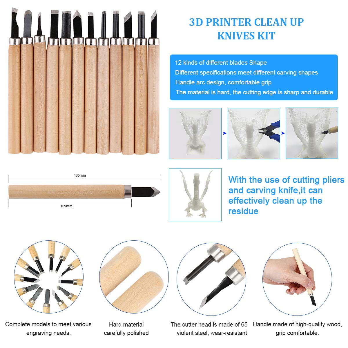 HAWKUNG 35 Pieces 3D Printer Accessories Tool Kit, 7 Size Cleaning Needles, Tweezers, Pliers, Scraper, Cleaning Brushes, Clean Up Knives Come for 3D Printing Model Removing, Cleaning, Finishing