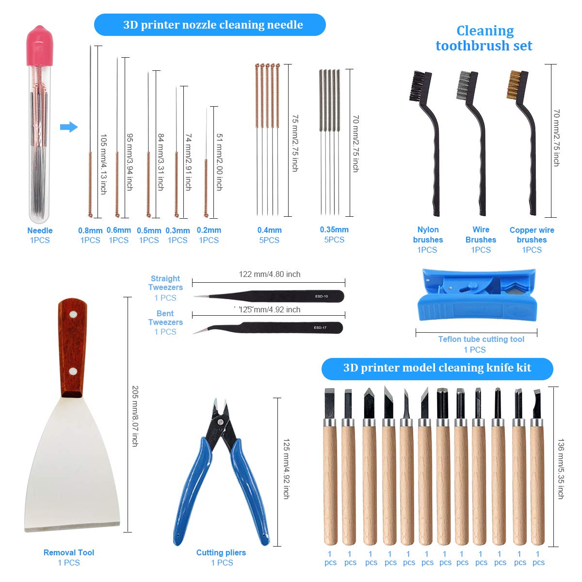 HAWKUNG 35 Pieces 3D Printer Accessories Tool Kit, 7 Size Cleaning Needles, Tweezers, Pliers, Scraper, Cleaning Brushes, Clean Up Knives Come for 3D Printing Model Removing, Cleaning, Finishing