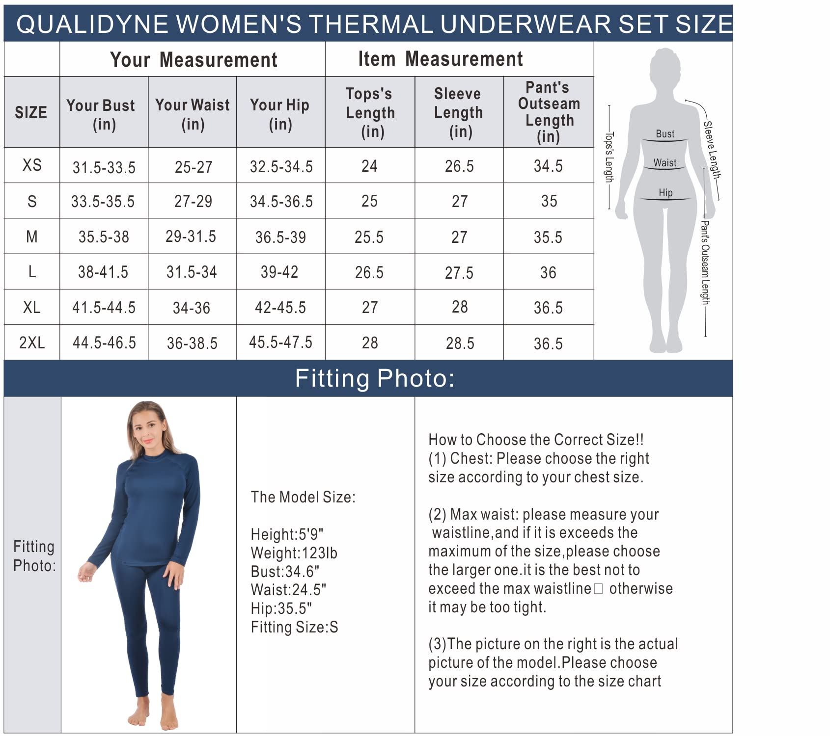 qualidyne Women’s Thermal Underwear Ultra-Soft Base Layer Long Johns Set Winter Sports Top and Bottom Suits Navy Blue