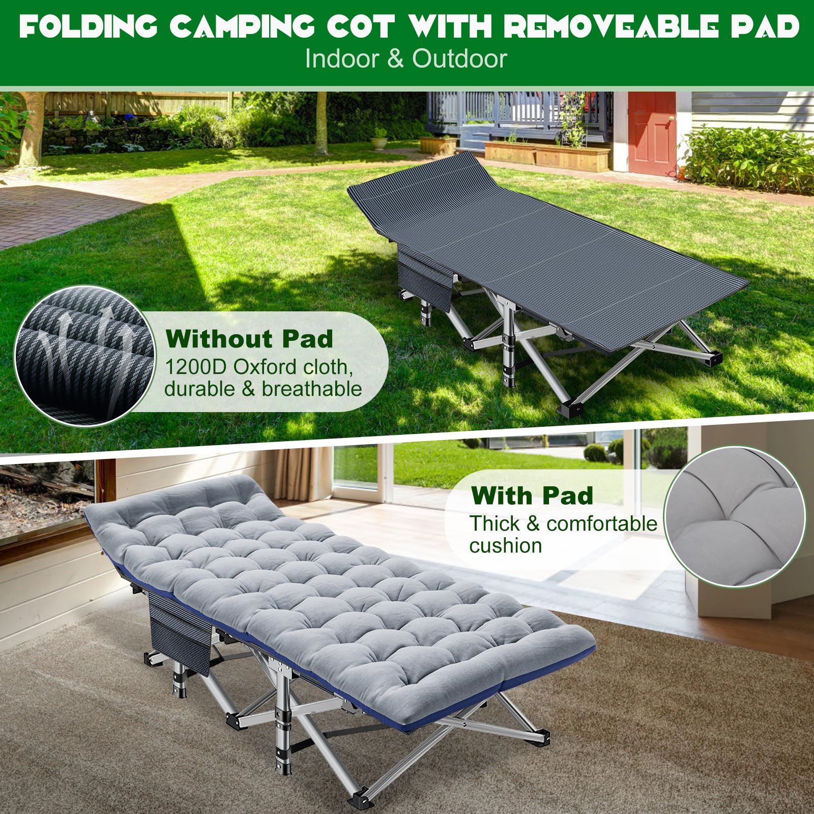 Oeyal Folding Camping Cots for Adults, Folding Cots for Sleeping, Portable Travel Camp Cots Guest Bed, Heavy Duty Sleeping Cot with Mattress and Carry Bag for Indoor & Outdoor Use