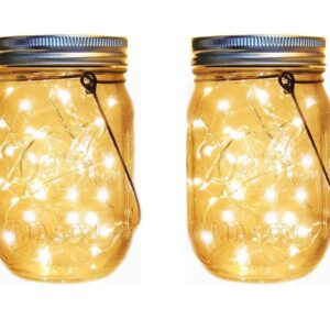 Casabits Decor Solar Mason Jar Lights, 2 Pack 10 LED Warm White - Hanging Solar Garden Lights - Solar LED Outdoor Lights for Patio or Garden – Beautiful Decorative Lights – Hanging Solar Garden Lights