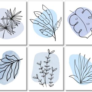 Botanical Prints - Minimalist Line Art Leaf Prints 8x 10 (Set of 6) - Aesthetic Art Posters - Abstract Plant Decor - Unframed (Blue)