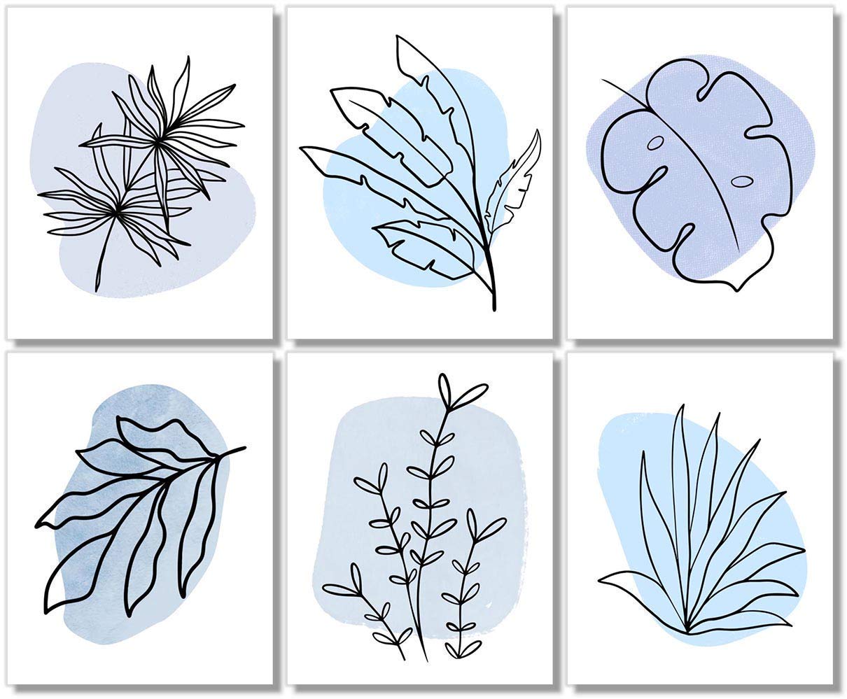 Botanical Prints - Minimalist Line Art Leaf Prints 8x 10 (Set of 6) - Aesthetic Art Posters - Abstract Plant Decor - Unframed (Blue)