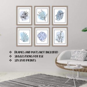 Botanical Prints - Minimalist Line Art Leaf Prints 8x 10 (Set of 6) - Aesthetic Art Posters - Abstract Plant Decor - Unframed (Blue)