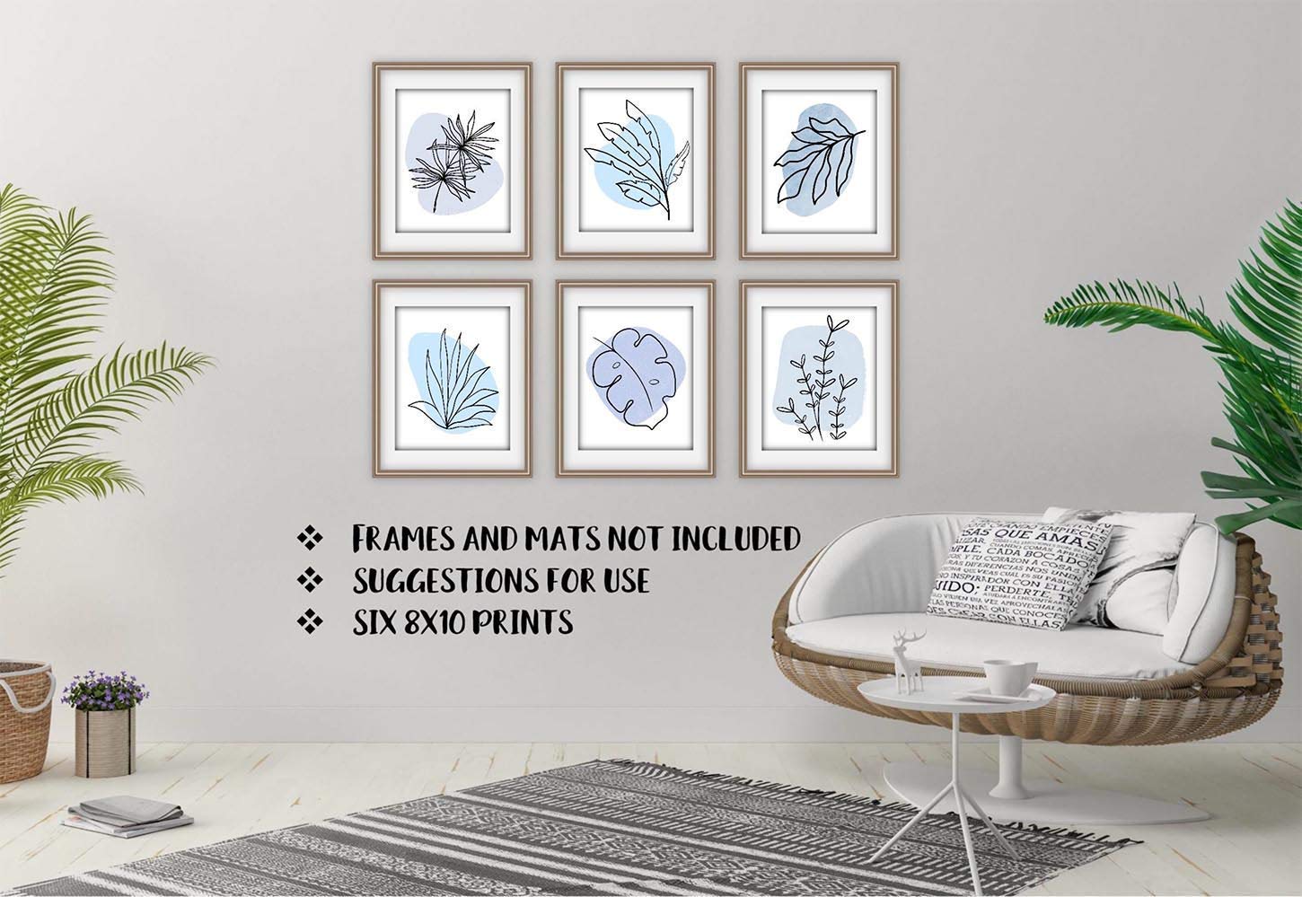 Botanical Prints - Minimalist Line Art Leaf Prints 8x 10 (Set of 6) - Aesthetic Art Posters - Abstract Plant Decor - Unframed (Blue)