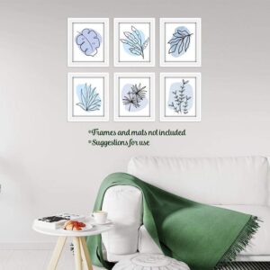 Botanical Prints - Minimalist Line Art Leaf Prints 8x 10 (Set of 6) - Aesthetic Art Posters - Abstract Plant Decor - Unframed (Blue)