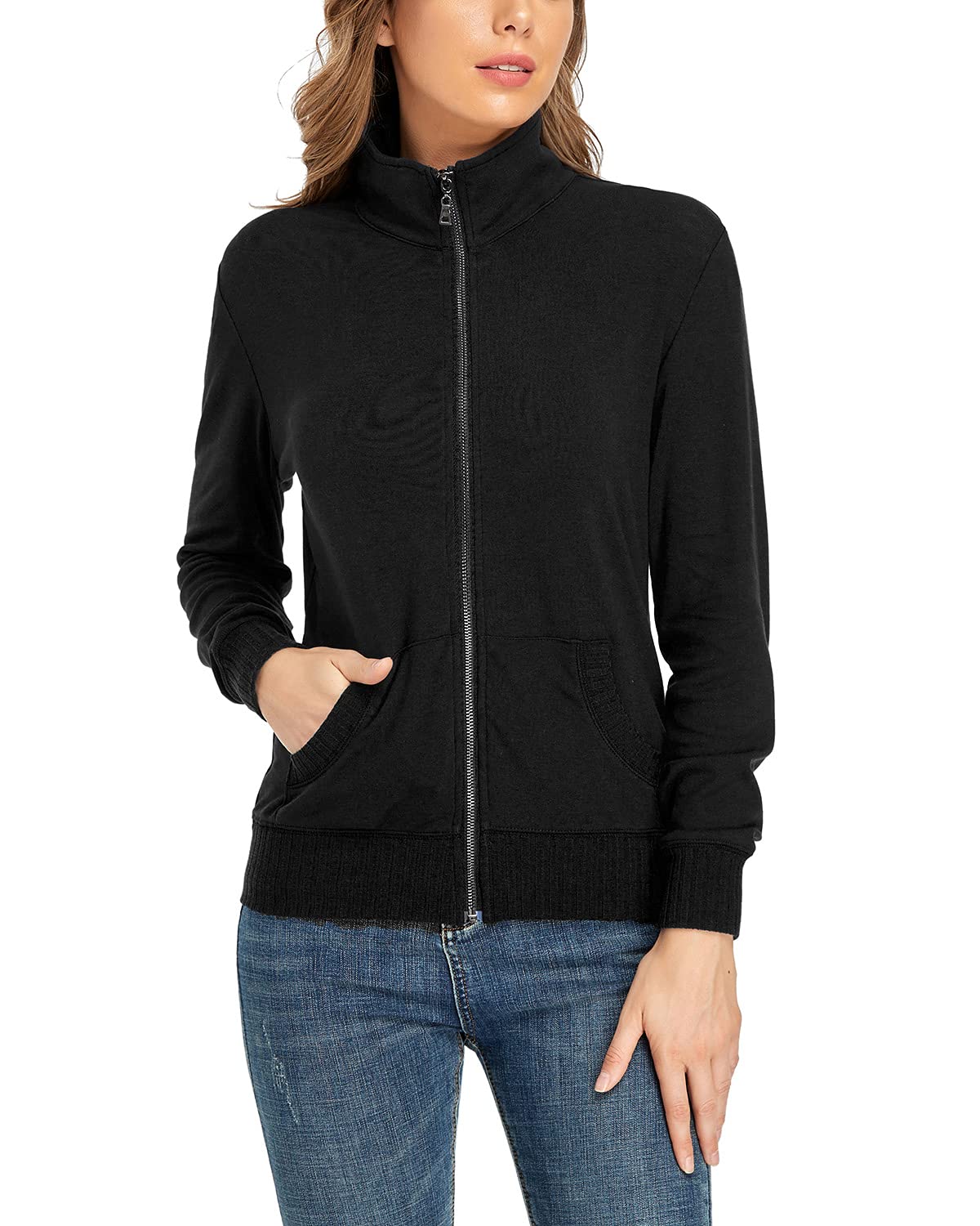 andy & natalie Women's Zip up Jackets Sweatshirts Jacket Stand Collar Jacket with Pockets