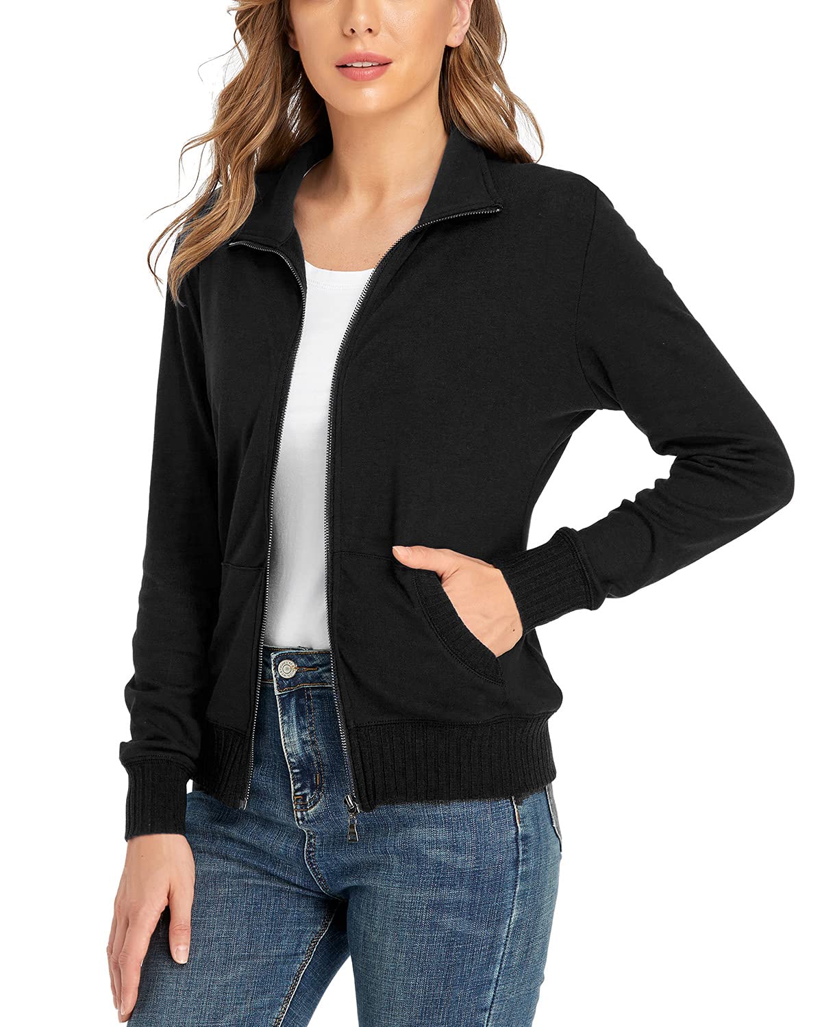 andy & natalie Women's Zip up Jackets Sweatshirts Jacket Stand Collar Jacket with Pockets