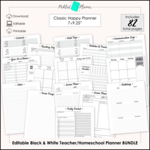 editable black & white teacher/homeschool planner bundle (classic happy planner)