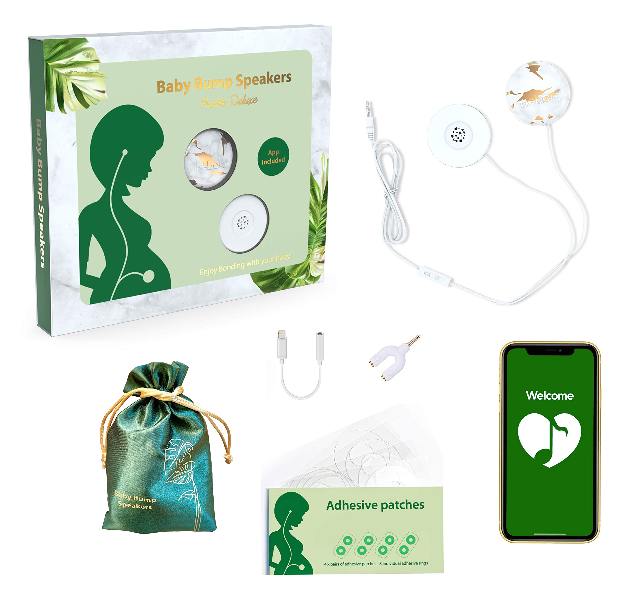 Baby Bump Headphones Marble Deluxe, Plays and Shares Music, Sound and Voices to The Womb, Prenatal Speaker, Including bebon Tunes APP (Marble Gold)