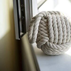 Golant Rope Knot Doorstop Nautical Large Heavy Decorative Stopper Cream Cotton Yarn Monkey Fist with Handle Interior Sailors Maritime Ocean Beachy Navy Wedge Bookend Door Stop