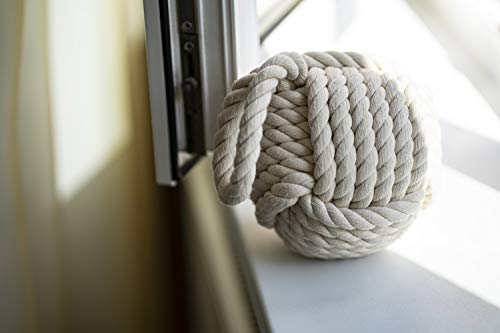 Golant Rope Knot Doorstop Nautical Large Heavy Decorative Stopper Cream Cotton Yarn Monkey Fist with Handle Interior Sailors Maritime Ocean Beachy Navy Wedge Bookend Door Stop