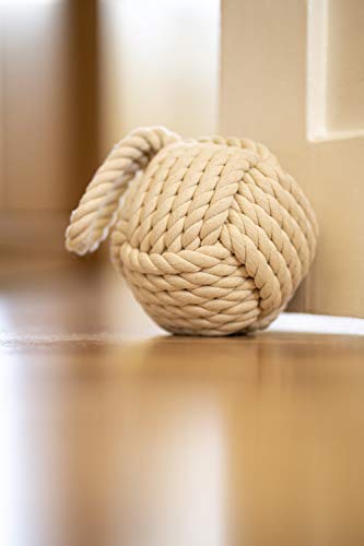 Golant Rope Knot Doorstop Nautical Large Heavy Decorative Stopper Cream Cotton Yarn Monkey Fist with Handle Interior Sailors Maritime Ocean Beachy Navy Wedge Bookend Door Stop