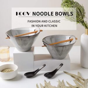 KOOV Porcelain Ramen Bowls and Spoons Set of 2 - Japanese Ramen Noodle Bowl with Chopsticks and Spoons, 26 Ounce Deep Pho Bowl, Reactive Glaze (Variable Grey)