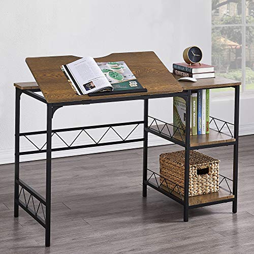 HOMBAZAAR Home Office Desk, Industrial Computer Desk with Storage Shelf, Large Writing Drawing Desk Craft Workstation with Tiltable Tabletop for Artist, 47’’ Multifunctional PC Laptop Table, Brown