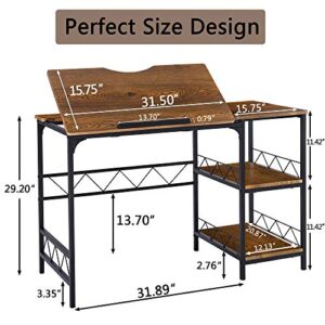 HOMBAZAAR Home Office Desk, Industrial Computer Desk with Storage Shelf, Large Writing Drawing Desk Craft Workstation with Tiltable Tabletop for Artist, 47’’ Multifunctional PC Laptop Table, Brown