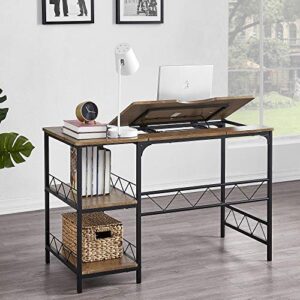 HOMBAZAAR Home Office Desk, Industrial Computer Desk with Storage Shelf, Large Writing Drawing Desk Craft Workstation with Tiltable Tabletop for Artist, 47’’ Multifunctional PC Laptop Table, Brown