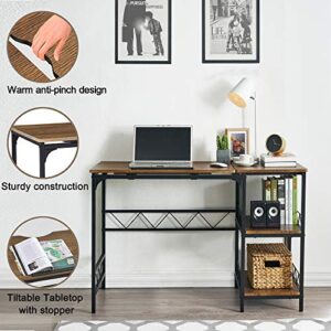 HOMBAZAAR Home Office Desk, Industrial Computer Desk with Storage Shelf, Large Writing Drawing Desk Craft Workstation with Tiltable Tabletop for Artist, 47’’ Multifunctional PC Laptop Table, Brown