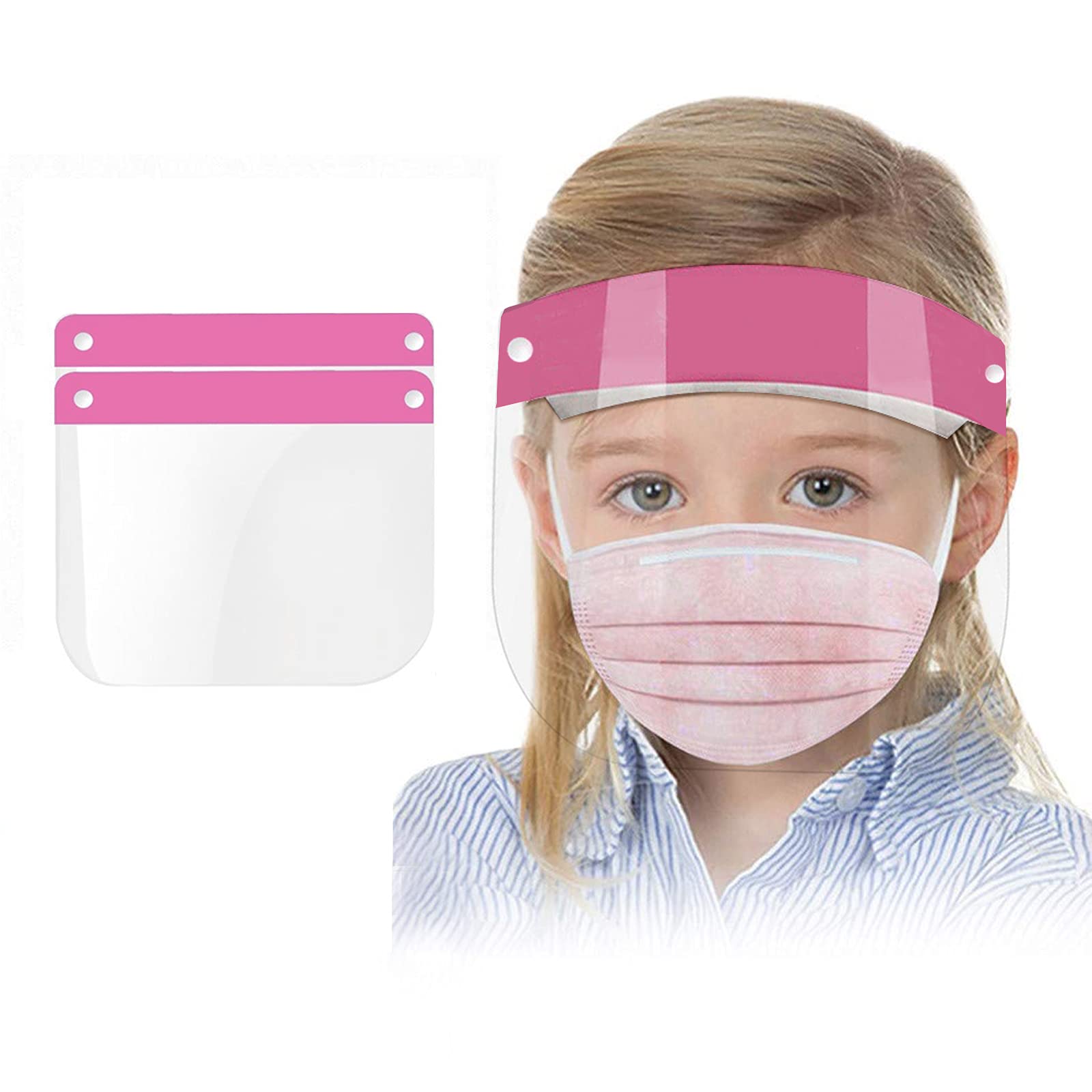 HUHETA Kids Face Shield 2 Pack, Protective Safety Mask for Children, Transparent Anti-Fog Full Face Shield, Face and Eye Protection, Vacuum Packaged (Pink)