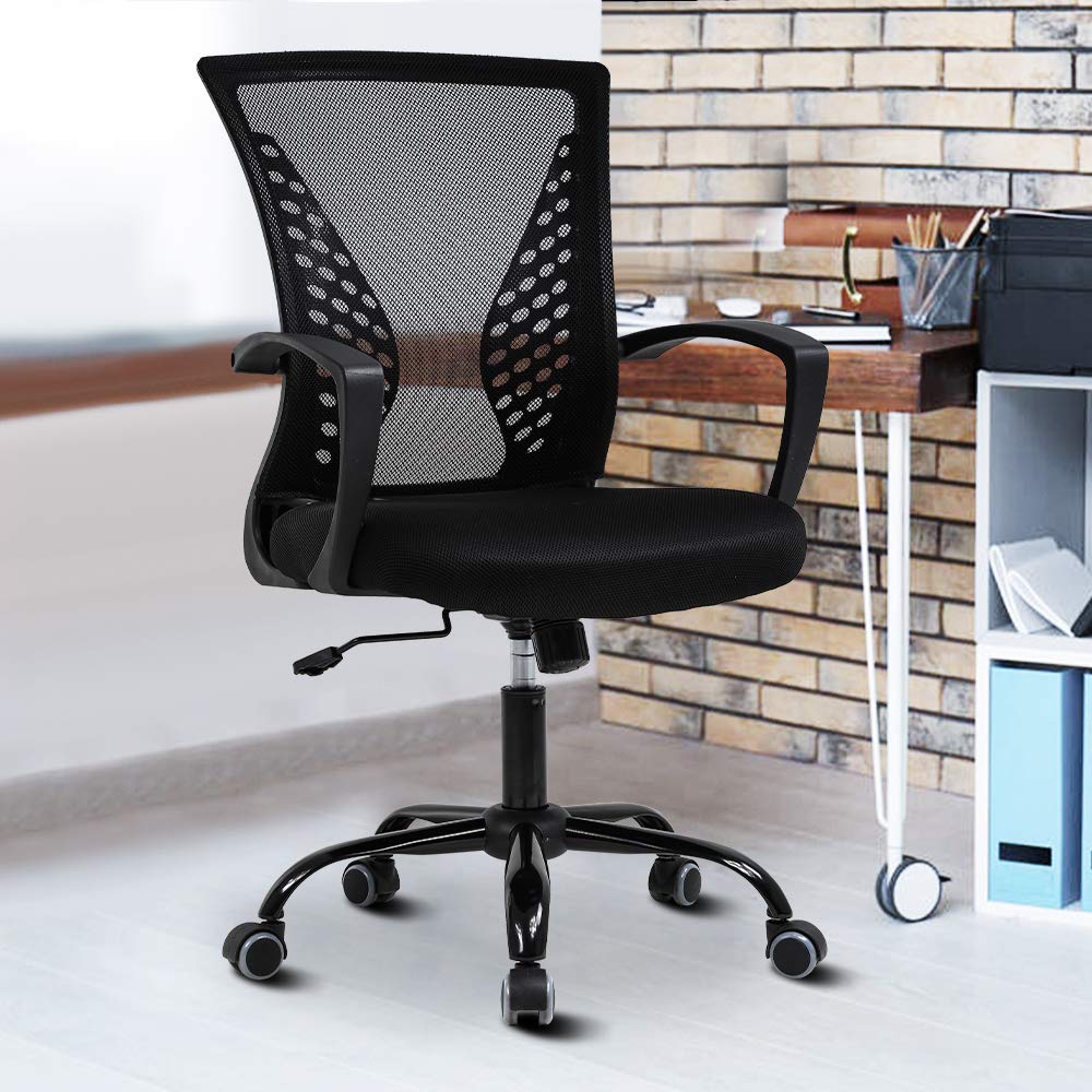 BestShop Ergonomic Office Chair Home Desk Chair Mid Back Mesh Chair Swivel Rolling Computer Chair Modern Task Chair Executive Chair with Armrests Lumbar Support for Women Men, White