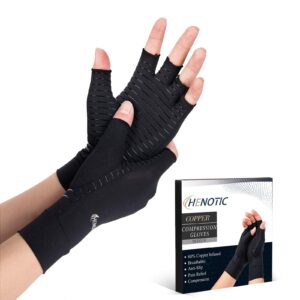 henotic copper arthritis gloves for women men, fingerless breathable & moisture wicking arthritis compression gloves for relieving carpal tunnel aches, rheumatoid pains, joint swell