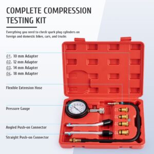 Orion Motor Tech Compression Tester, 8PCS Engine Cylinder Pressure Gauge for Petrol Gas Engine, 0-300PSI Engine Compression Tester Automotive with Adapters for Cars Trucks Motorcycles Marines ATV UTV