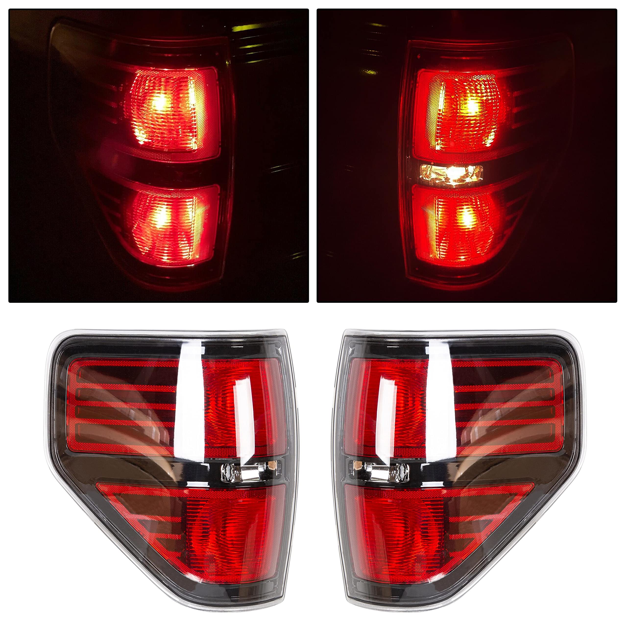 Pair Halogen Tail Lights Compatible with 2009-2014 Ford F-150 F150 SVT Rear Brake Lamps Red Lens LH&RH w/Black Trim Raptor Pickup (Without Bulbs)