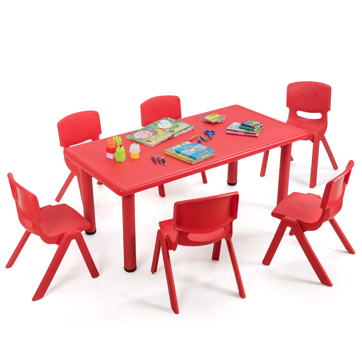 HONEY JOY Kids Table and 6 Chair Set, 47 x 23.5 Inch Children Rectangular Table with Stackable Seats, 7 Pcs Plastic Activity Toddler Furniture Set for Playroom Daycare, Gift for Boys Girls