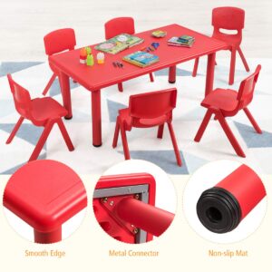 HONEY JOY Kids Table and 6 Chair Set, 47 x 23.5 Inch Children Rectangular Table with Stackable Seats, 7 Pcs Plastic Activity Toddler Furniture Set for Playroom Daycare, Gift for Boys Girls