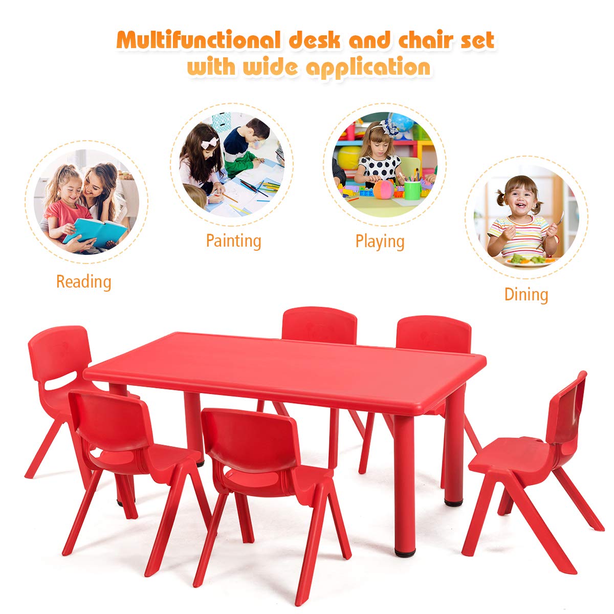 HONEY JOY Kids Table and 6 Chair Set, 47 x 23.5 Inch Children Rectangular Table with Stackable Seats, 7 Pcs Plastic Activity Toddler Furniture Set for Playroom Daycare, Gift for Boys Girls