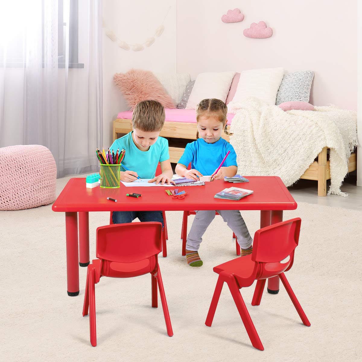 HONEY JOY Kids Table and 6 Chair Set, 47 x 23.5 Inch Children Rectangular Table with Stackable Seats, 7 Pcs Plastic Activity Toddler Furniture Set for Playroom Daycare, Gift for Boys Girls