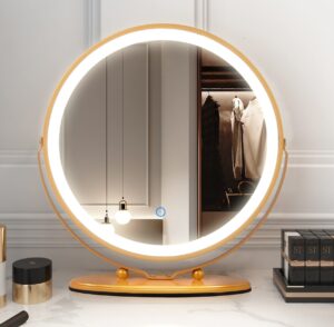 lvsomt 20" vanity makeup mirror with lights, 3 color lighting dimmable led mirror, touch control, 360°rotation, high-definition large round lighted up mirror for bedroom table desk