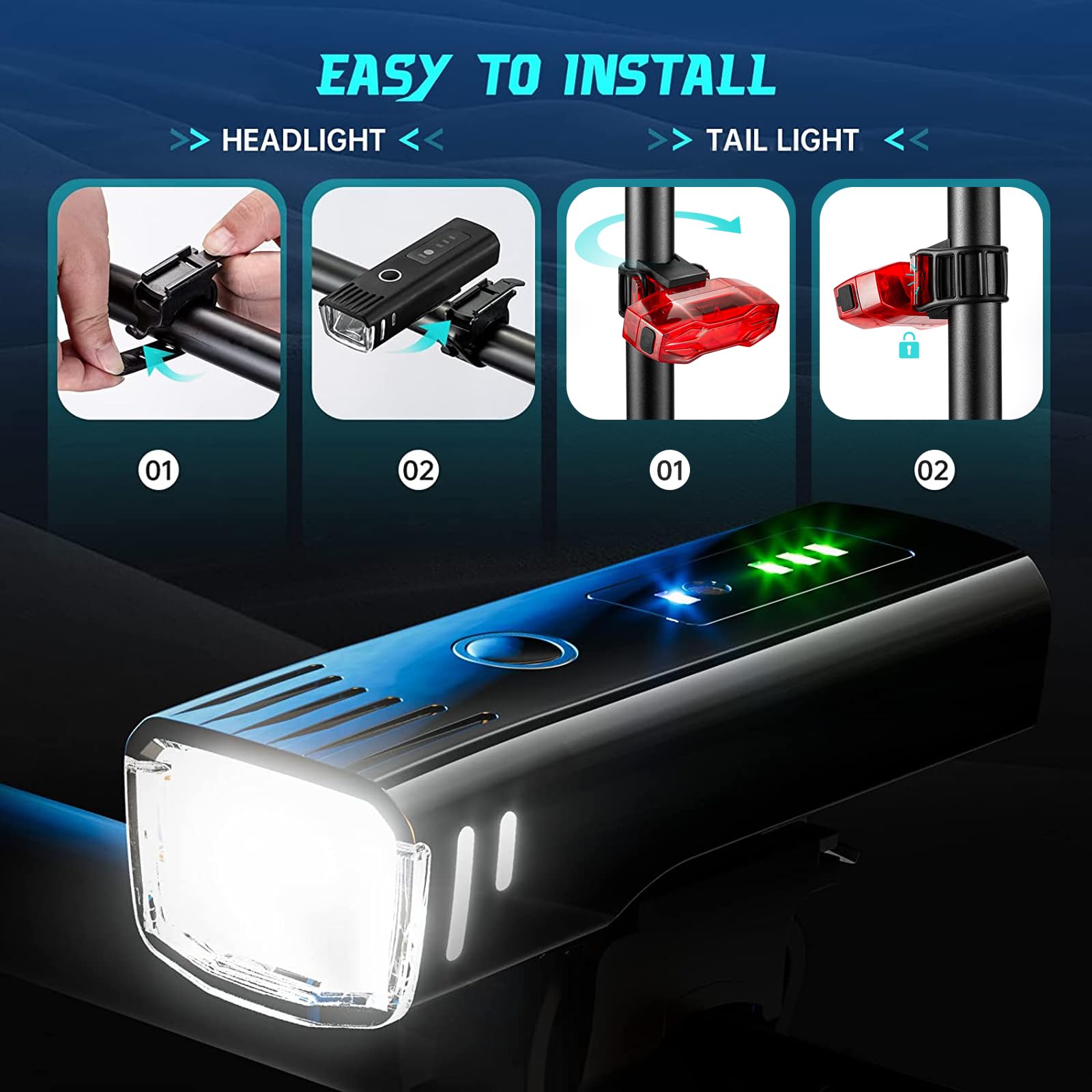 IPSXP 3000 Lumens Bike Light Set USB Rechargeable Bicycle Front Headlight and Back Taillight 4 Light Modes Easy to Install for Men Women Kids Road Mountain Cycling