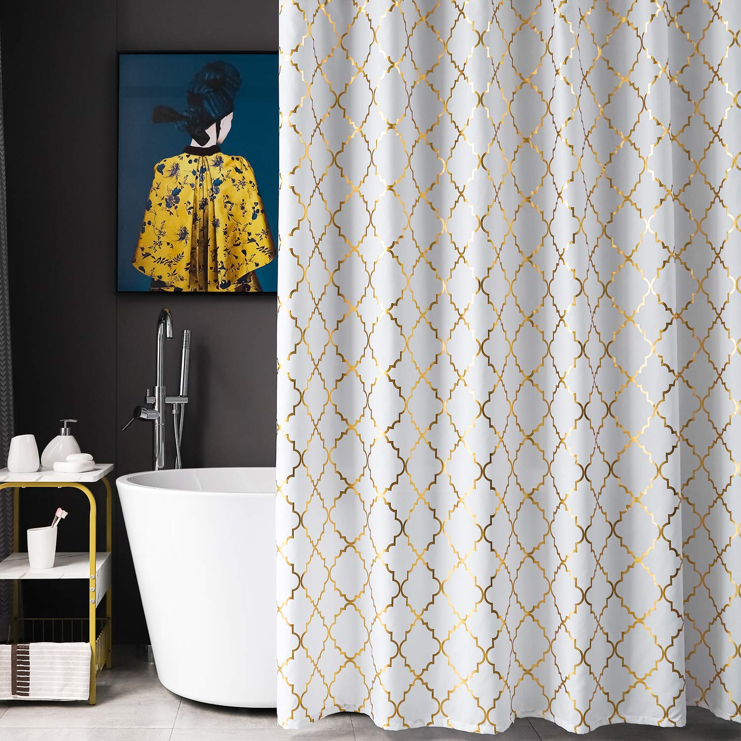 FINECITY White Shower Curtain Gold Moroccan Pattern with 12 Hooks Included, 72 x 72 Inch, 1 Panel