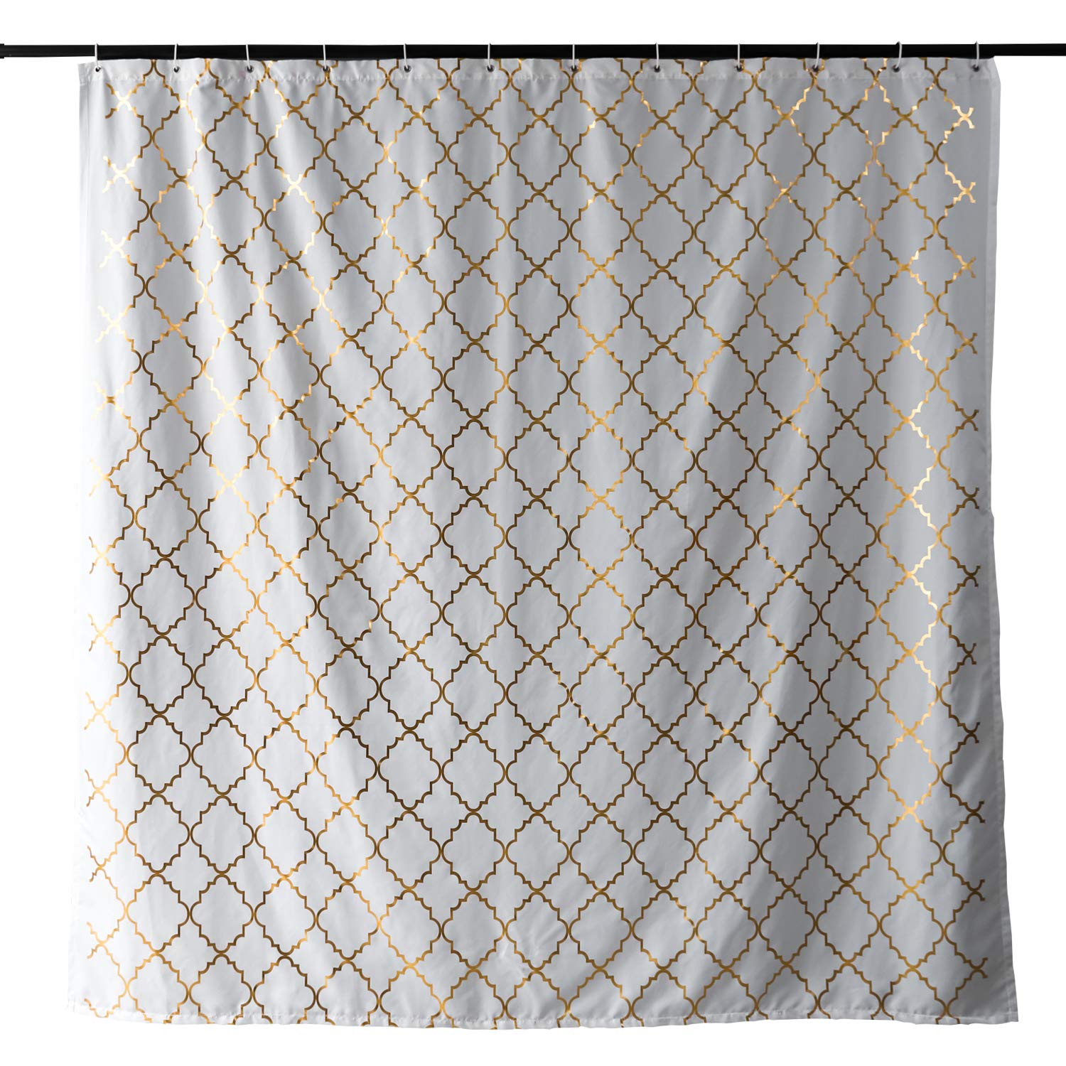 FINECITY White Shower Curtain Gold Moroccan Pattern with 12 Hooks Included, 72 x 72 Inch, 1 Panel