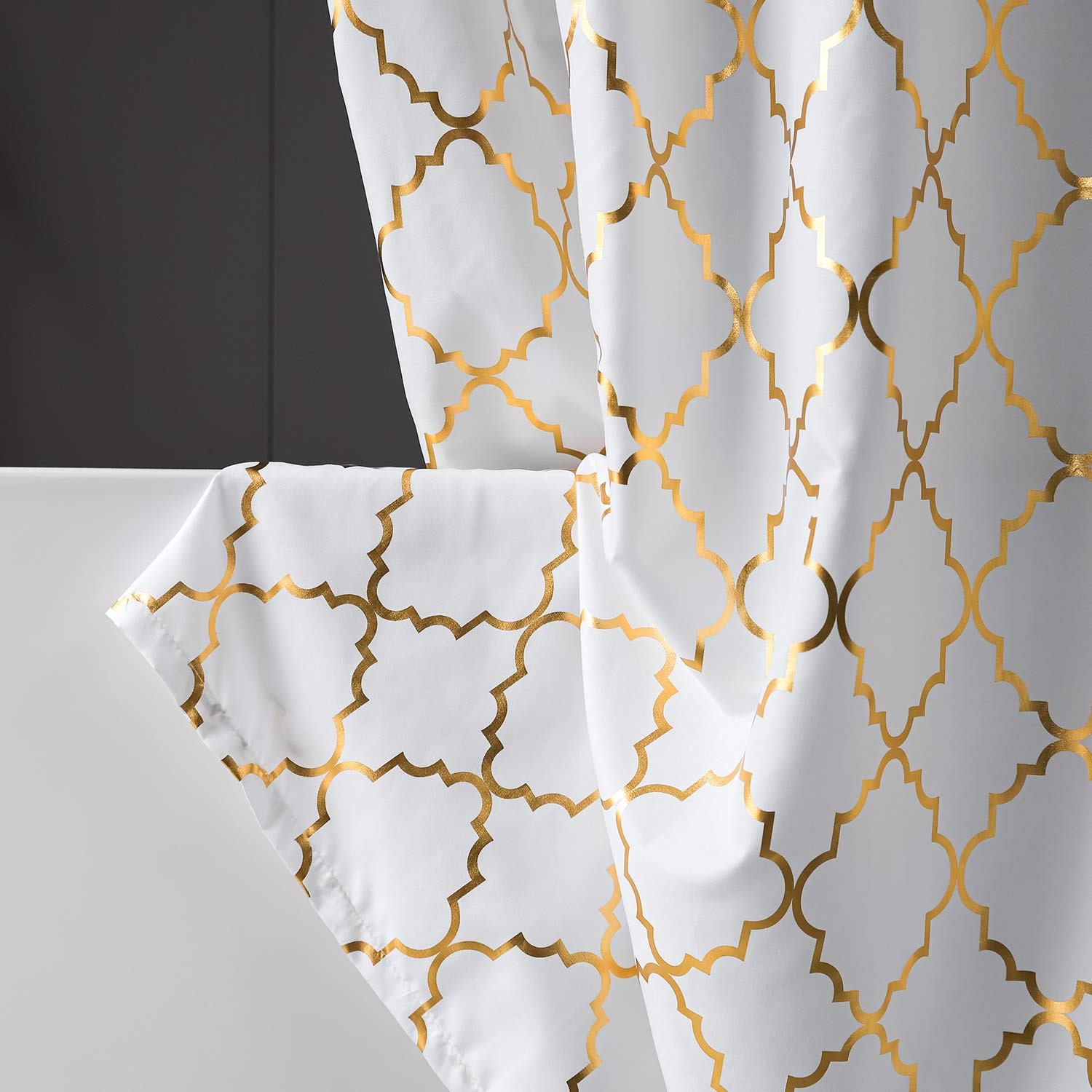 FINECITY White Shower Curtain Gold Moroccan Pattern with 12 Hooks Included, 72 x 72 Inch, 1 Panel