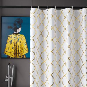 FINECITY White Shower Curtain Gold Moroccan Pattern with 12 Hooks Included, 72 x 72 Inch, 1 Panel