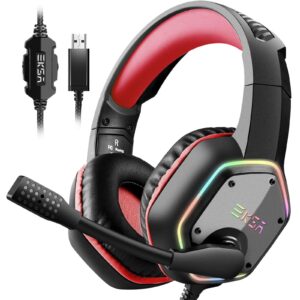 eksa e1000 gaming headset, computer headphones with noise canceling mic & rgb light, 7.1 surround sound, compatible with pc, ps4 ps5 console, laptop (red)