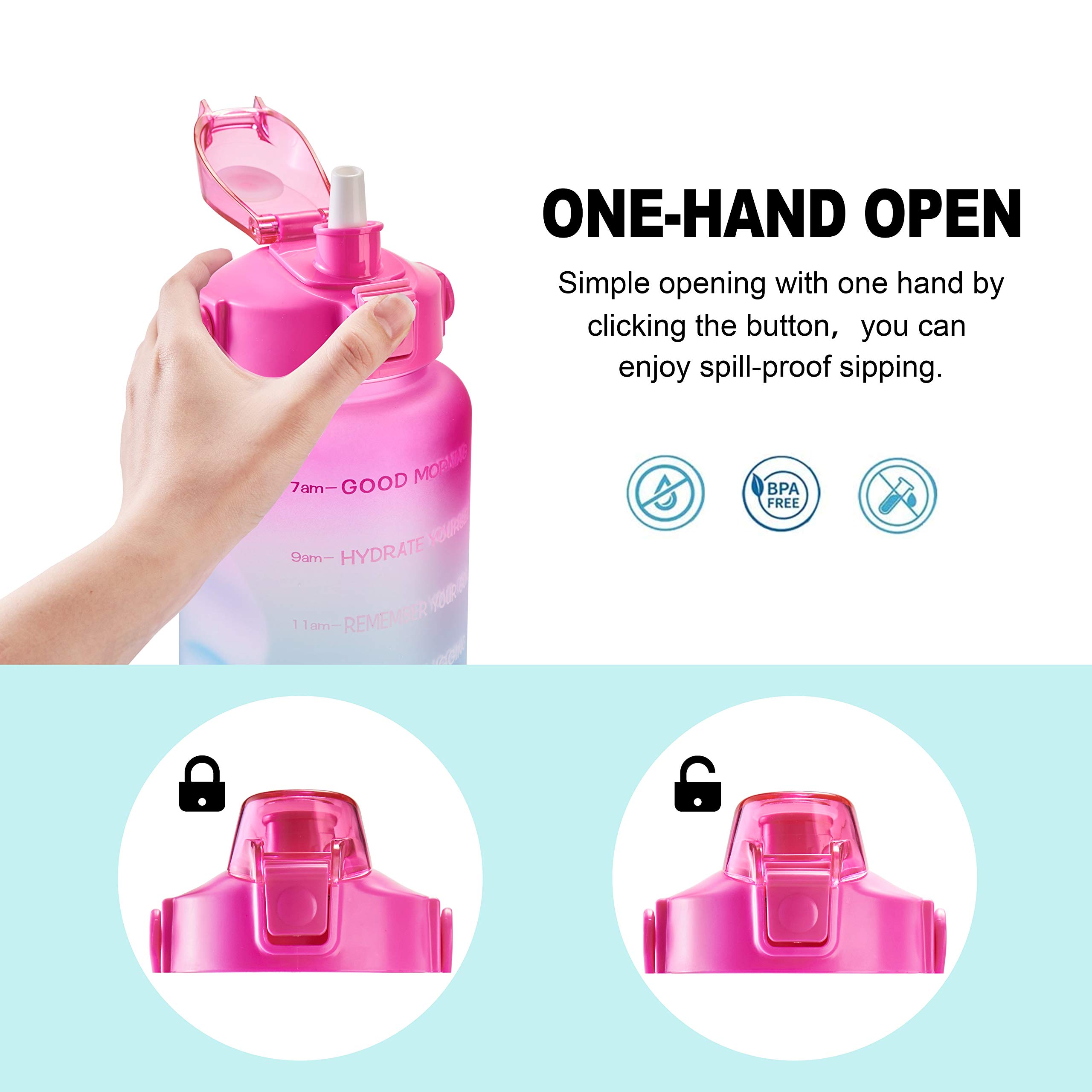 EYQ 64oz Leakproof Free Drinking Water Bottle with Motivational Time Marker BPA Free for Fitness, Gym and Outdoor Sports (Pink/Green Gradient)