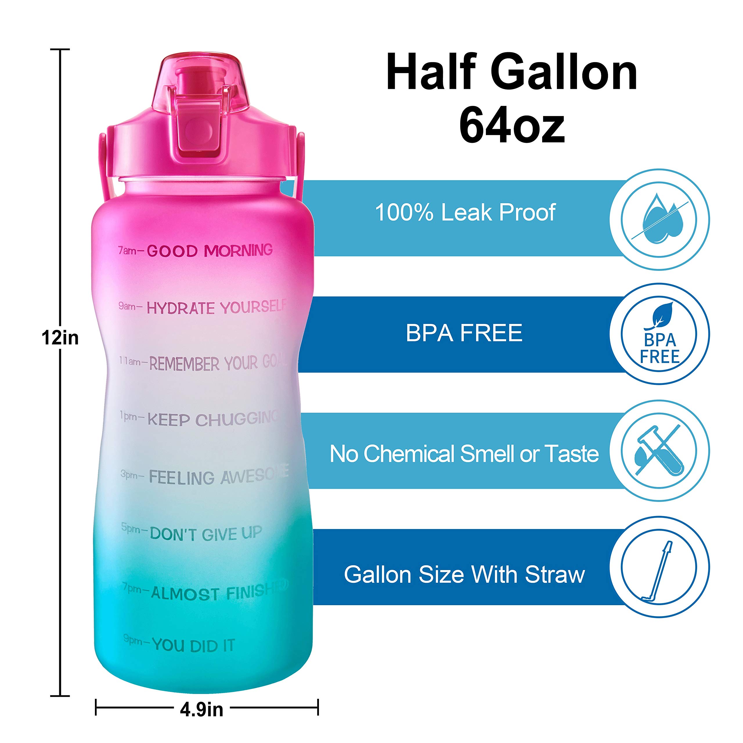 EYQ 64oz Leakproof Free Drinking Water Bottle with Motivational Time Marker BPA Free for Fitness, Gym and Outdoor Sports (Pink/Green Gradient)