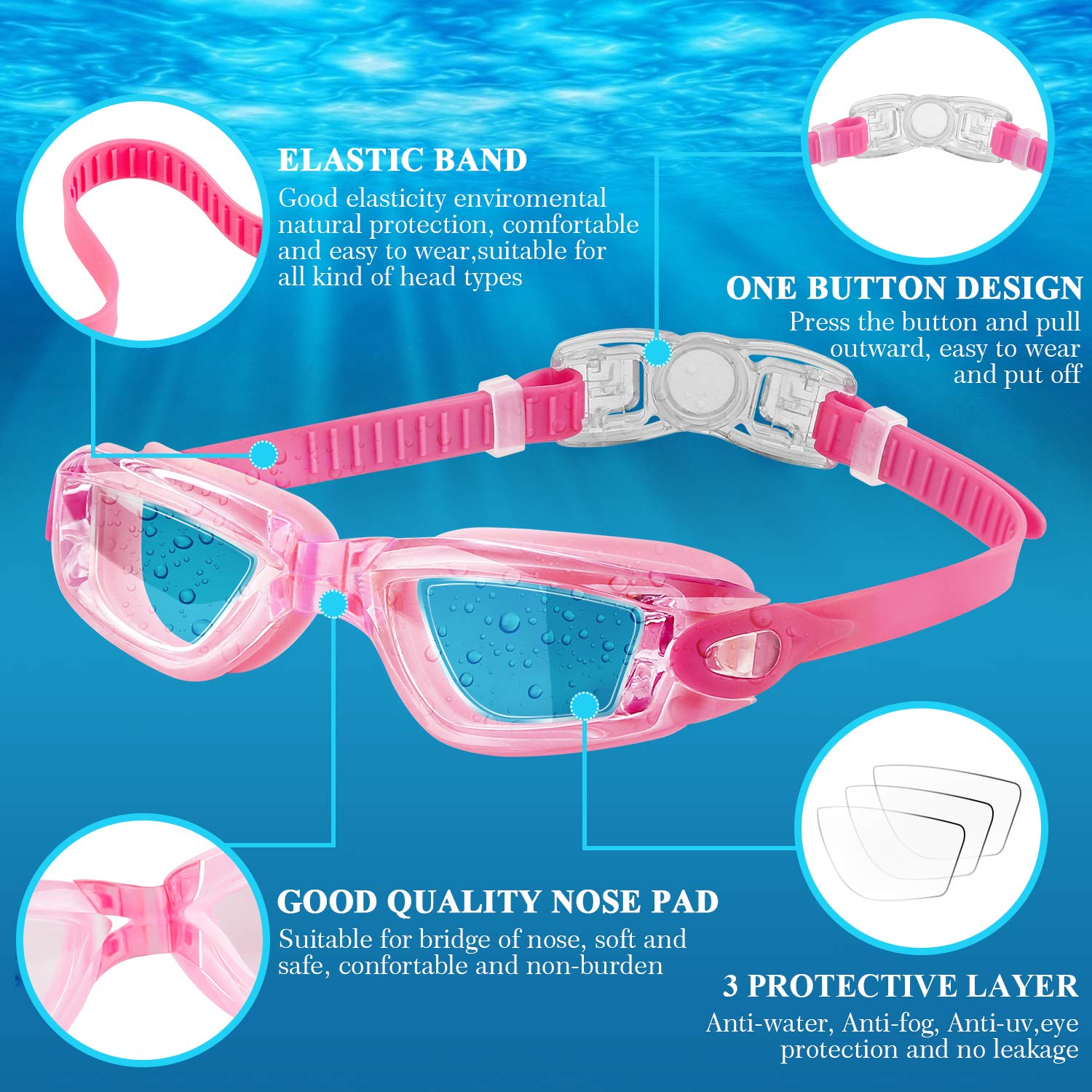 COOLOO Kids Swim Goggles, 2 Packs Swimming Goggles for Kids Girls Boys and Child Age 4-16