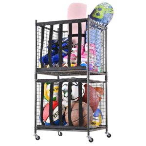 mythinglogic rolling sports ball storage cart, sports lockable ball storage locker with elastic straps, stackable ball cage for garage storage garage organizer (2 sets)