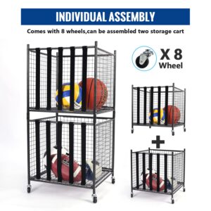 Mythinglogic Rolling Sports Ball Storage Cart, Sports Lockable Ball Storage Locker with Elastic Straps, Stackable Ball Cage for Garage Storage Garage Organizer (2 Sets)