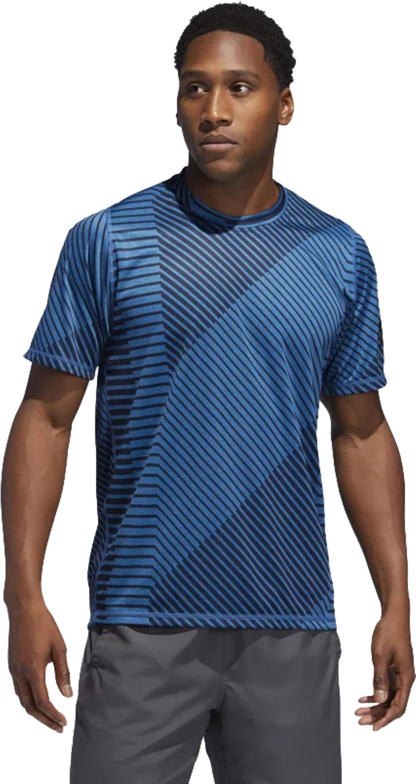 ADIDAS Men's FreeLift Sport Heather Strong All-Over-Print Graphic Shirt, Shock Cyan/Legend Marine Large