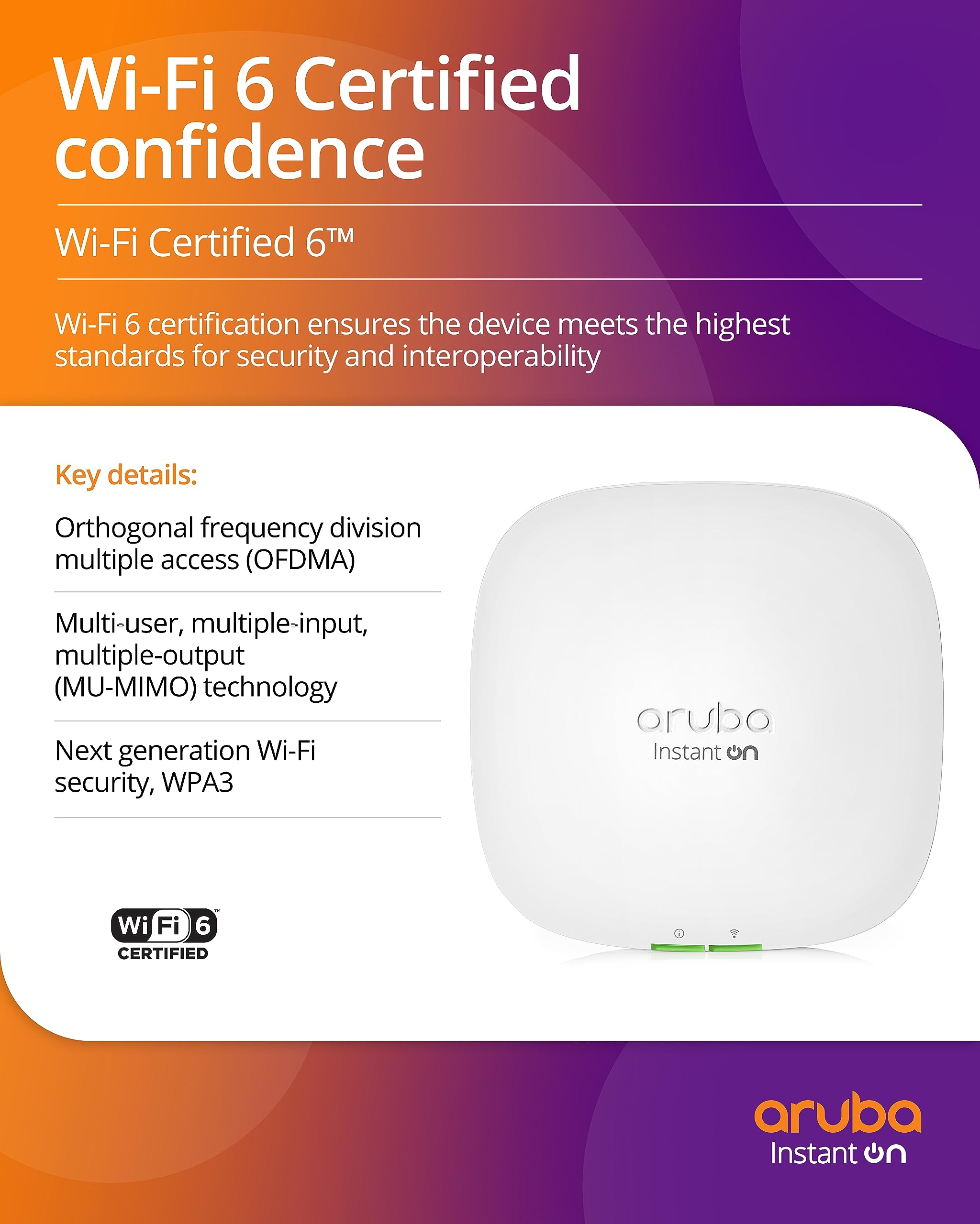 HPE Networking Instant On Access Point AP22 2x2 WiFi 6 Indoor Wireless Access Point | Long Range, Secure, Smart Mesh Support | Power Source Not Included | US Model (R4W01A)