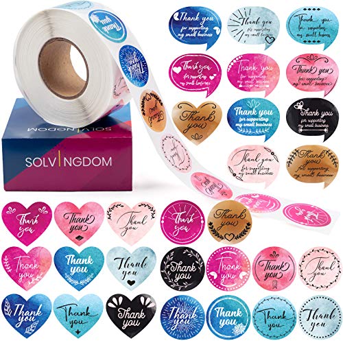 Solvingdom Thank You Stickers Roll of 1000 Pcs - 1.18 Inch Self-Adhesive Label Supplies Parties Gifts Bags Boxes Small Business Handmade Goods Flower Store-10 Decorative Designs Round Hearth Shaped