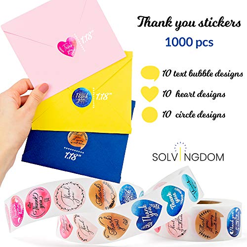 Solvingdom Thank You Stickers Roll of 1000 Pcs - 1.18 Inch Self-Adhesive Label Supplies Parties Gifts Bags Boxes Small Business Handmade Goods Flower Store-10 Decorative Designs Round Hearth Shaped