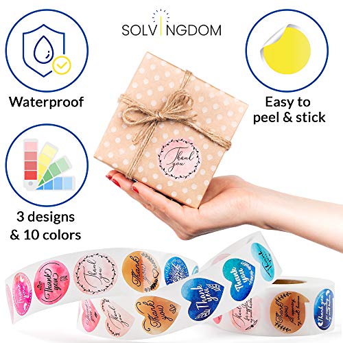 Solvingdom Thank You Stickers Roll of 1000 Pcs - 1.18 Inch Self-Adhesive Label Supplies Parties Gifts Bags Boxes Small Business Handmade Goods Flower Store-10 Decorative Designs Round Hearth Shaped